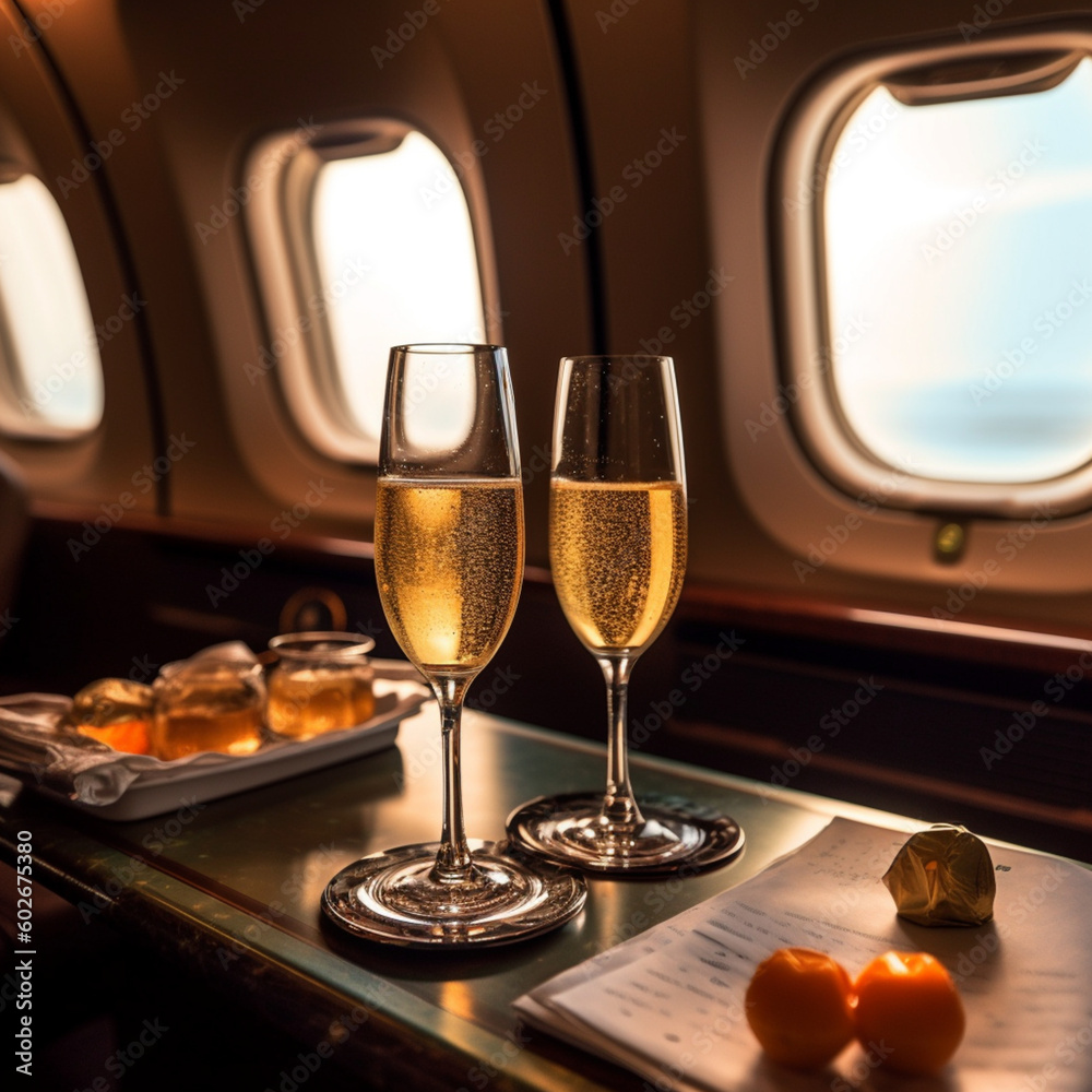 Glasses of champagne on a plane in first class seats. Generative AI ...
