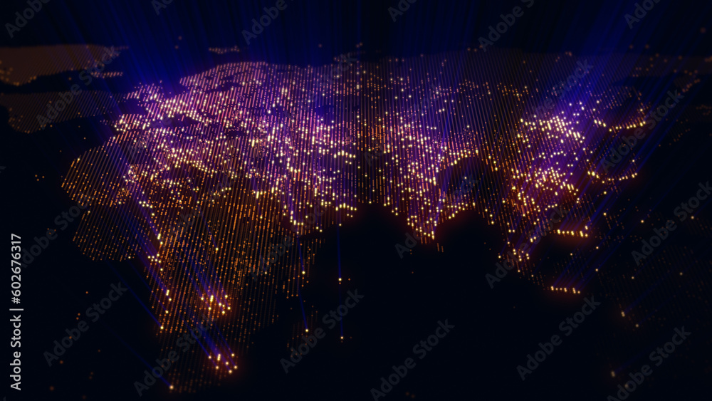 3D rendering of a digital map of the Earth. The lights of megacities ...