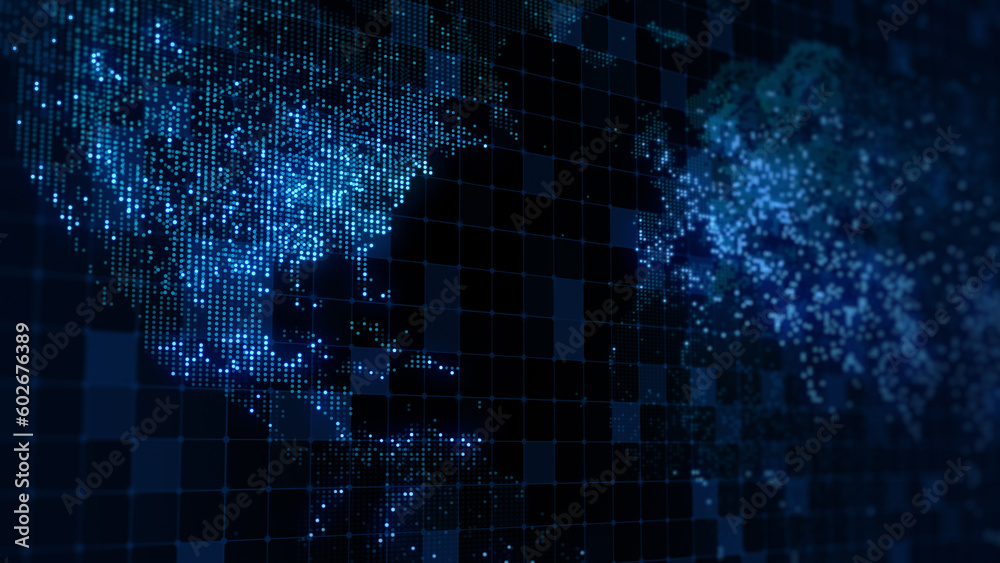 3D rendering of a digital map of the Earth. The lights of megacities ...