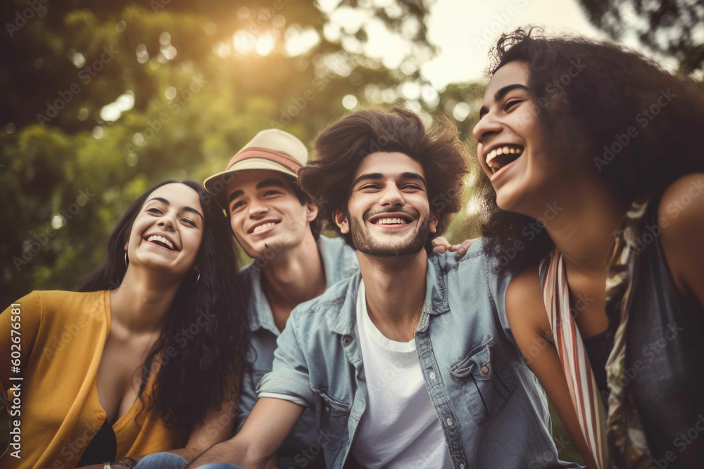 Group of young friends of different races and cultures have carefree ...