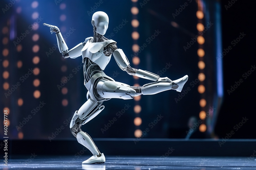 Humanoid robot gracefully performing a ballet routine on a futuristic ...