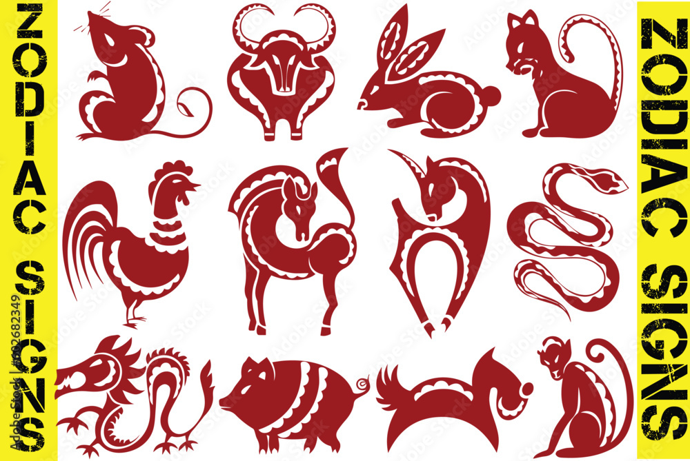 Vetor do Stock: Chinese zodiac signs icons vector image, Zodiac signs ...