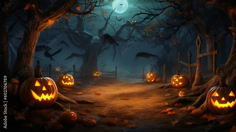 Spooky, scarry halloween forest with scary black trees and pumpkins on ...