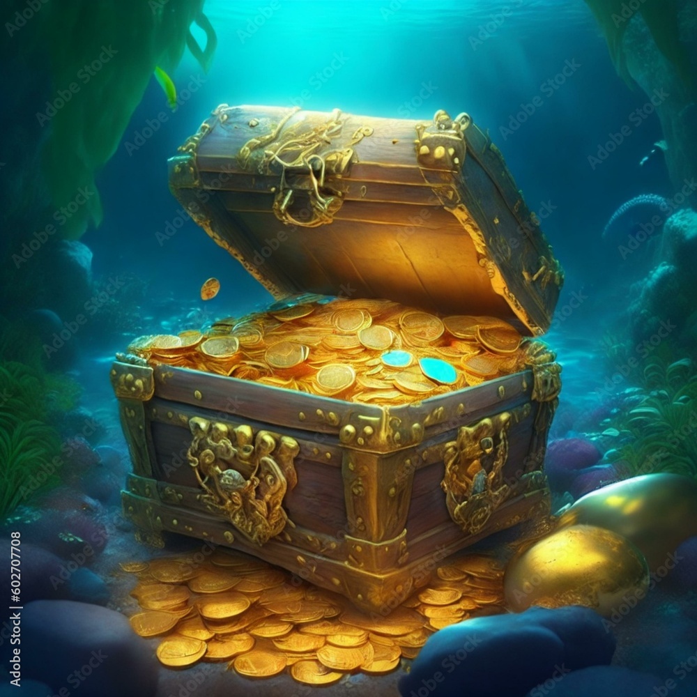 Treasure's chest. Shipwrecked bay. Gold coins in a chest under the sea ...