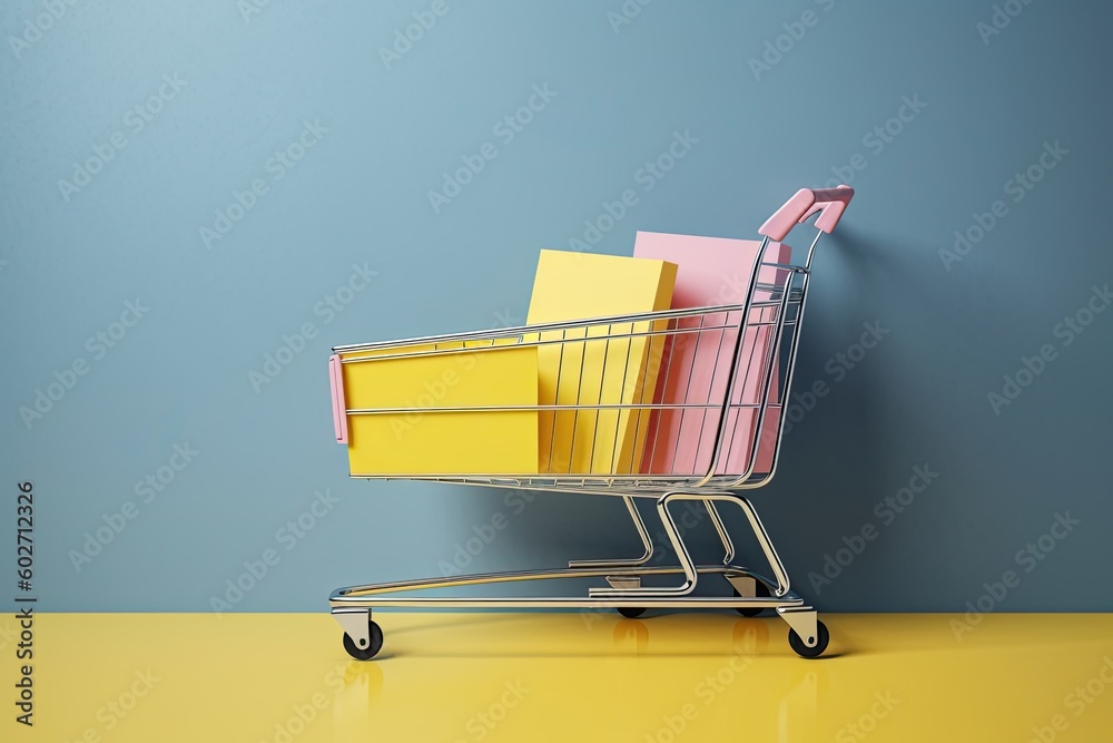 Shopping cart with colorful folders on blue wall background. Created ...