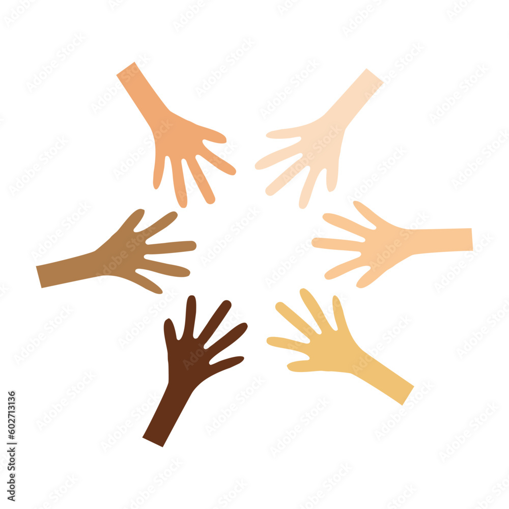 Vetor de Different hands uniting and coming together. Vector drawing ...