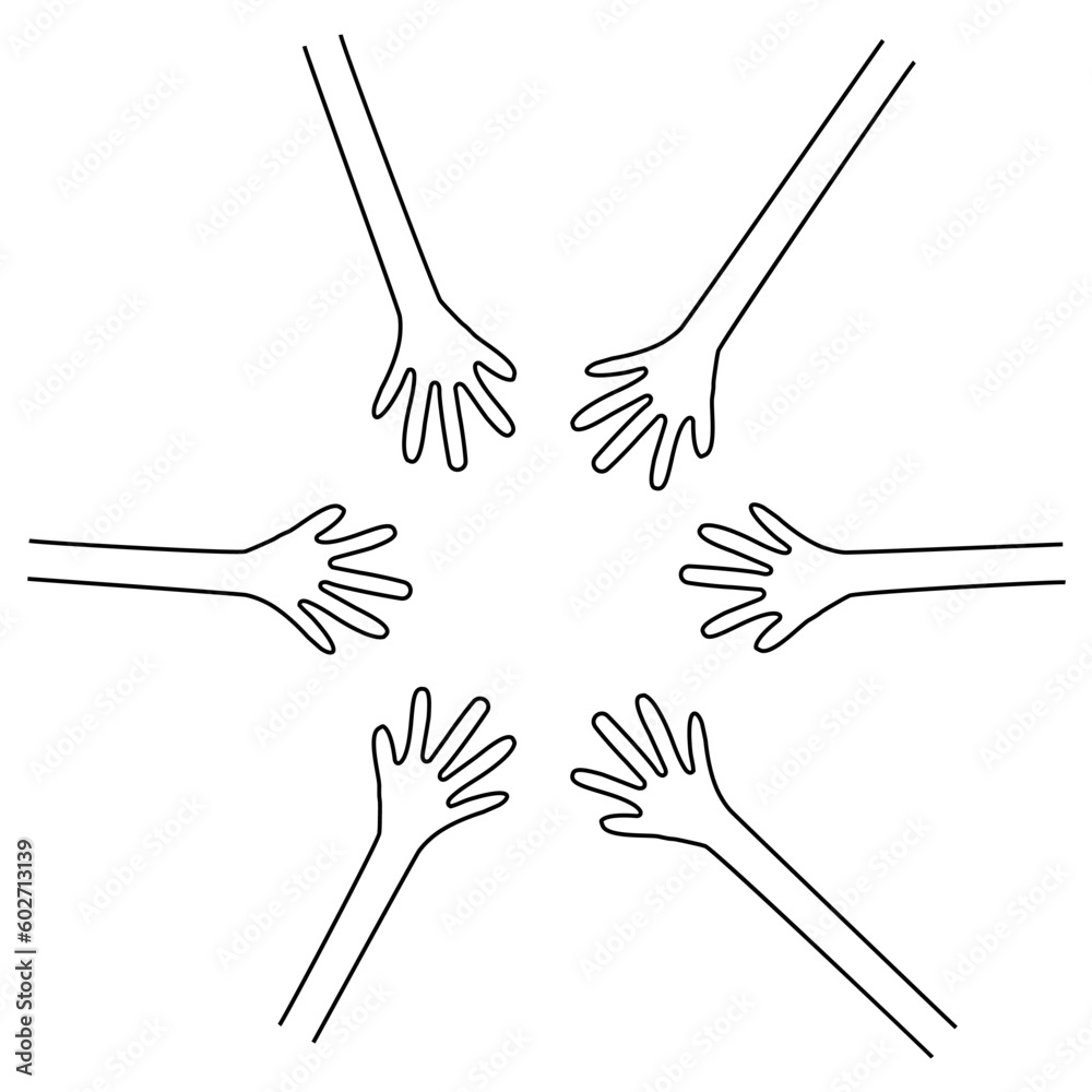 Different hands uniting and coming together. Vector drawing doodle icon ...