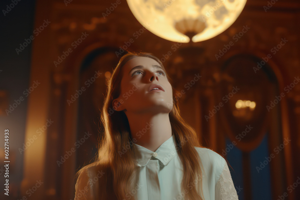 portrait of a beautiful woman looking up in a surreal dark academia ...