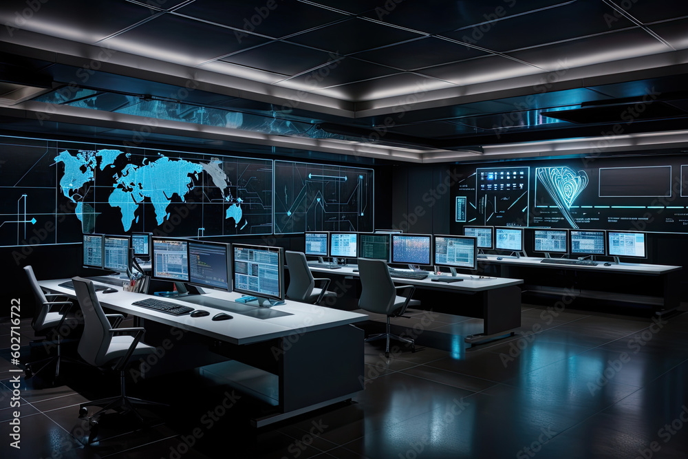 Generative AI of modern office interior with computers and world map on ...