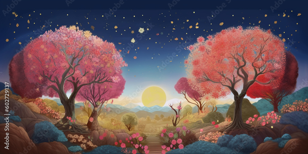 Gems of Nature Ruby Trees, Sapphire Flowers, and Emerald Fruits on a ...