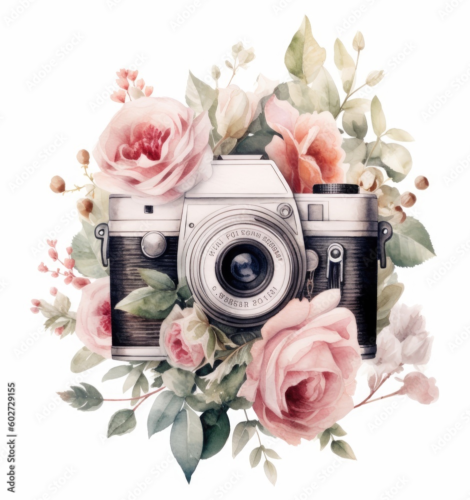 Retro camera in flowers and plants. Hand drawn photo camera. Can be ...