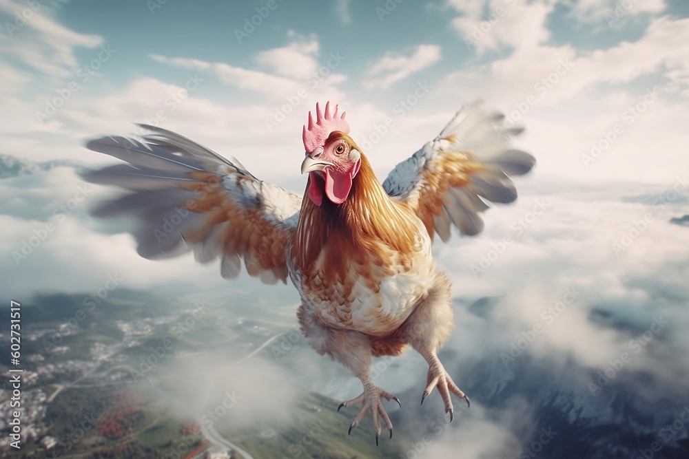 Chicken Flying In The Clouds Above A Village, Cinematic View Stock ...