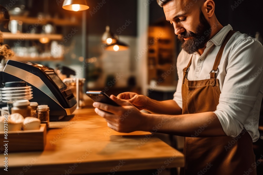 Young man baristas or cashiers using their mobile phone to pay in cafe ...