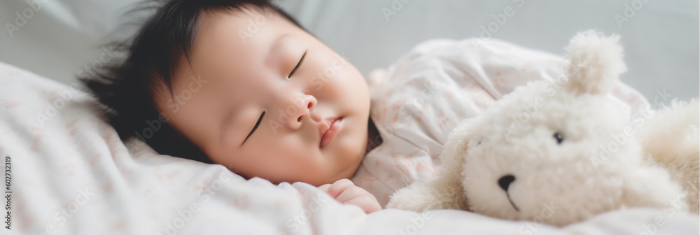 Baby Sleeping on Bed with Teddy Bear Toy at Cozy Home Bedroom. Little ...