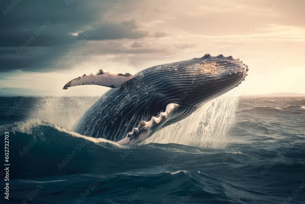 Ballena jorobada saltando en el océano al atardecer, sobre fondo de ...