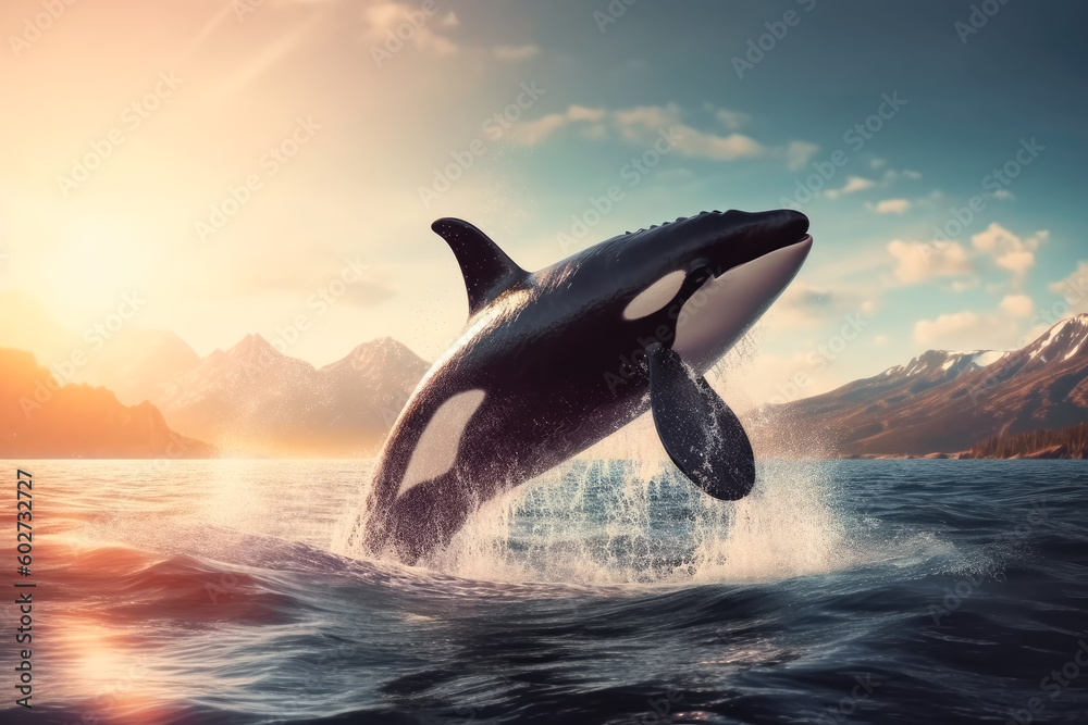 Ballena orca negra y blanca, saltando en el oceano al atardecer ...