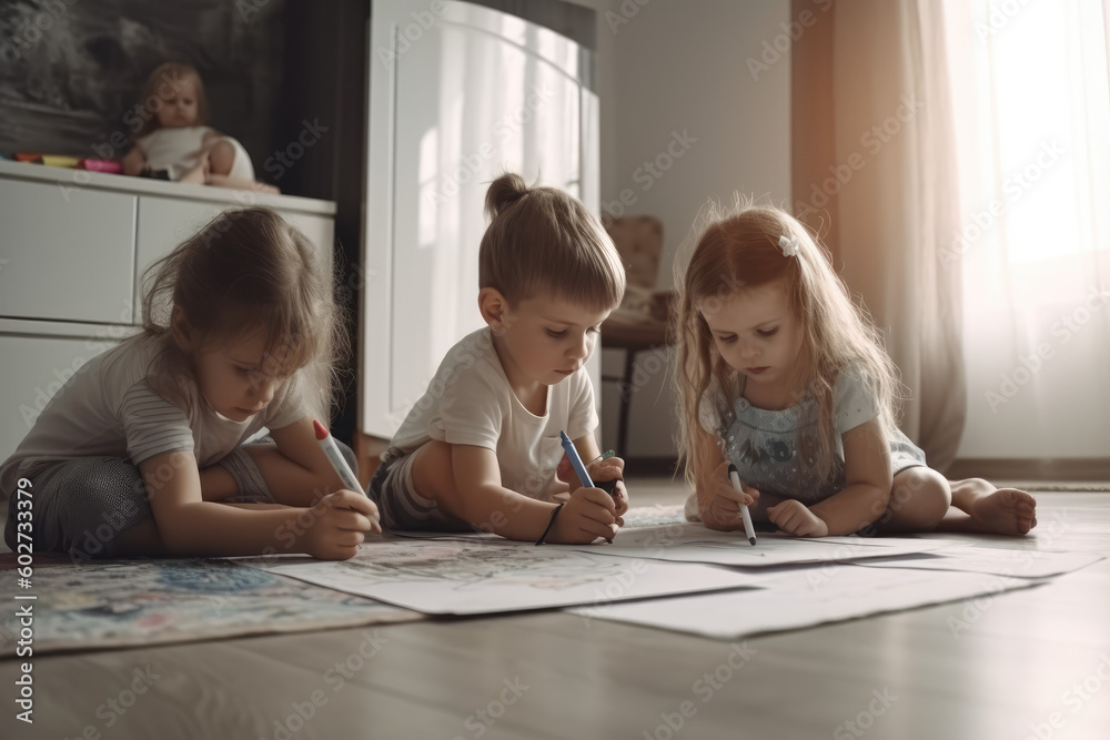 Colorful Collaboration: Children Kids Sister and Brother Creating Art ...