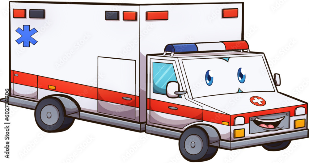 Cute Cartoon Ambulance With Face. Vector clip art illustration with ...