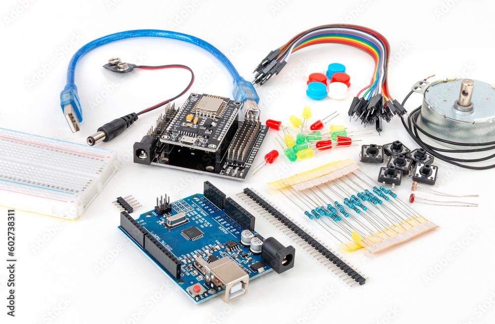 Electronic DIY project Arduino with peripherals and expansion cards lie ... Electronic DIY project Arduino with peripherals and expansion cards lie ...