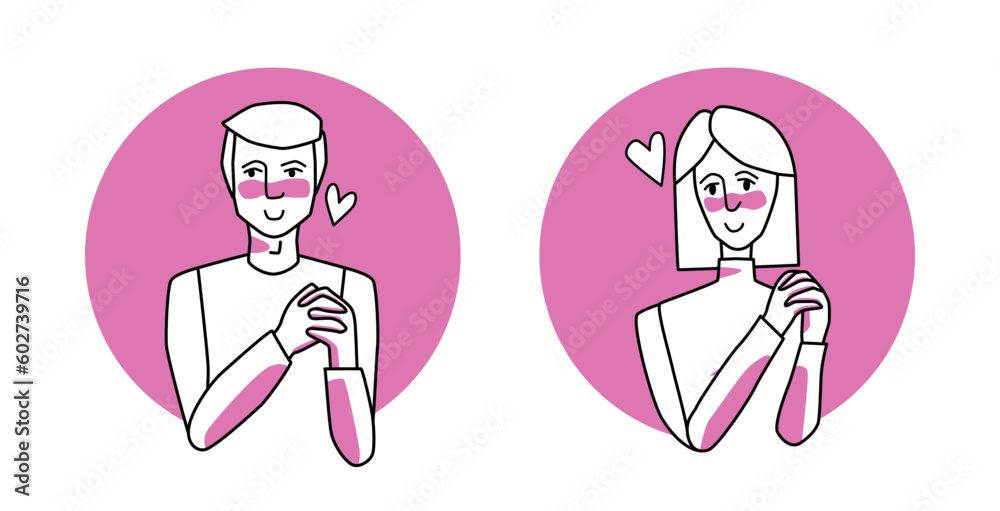 Shy man and woman with emotion of love circle icon, facial expression ...
