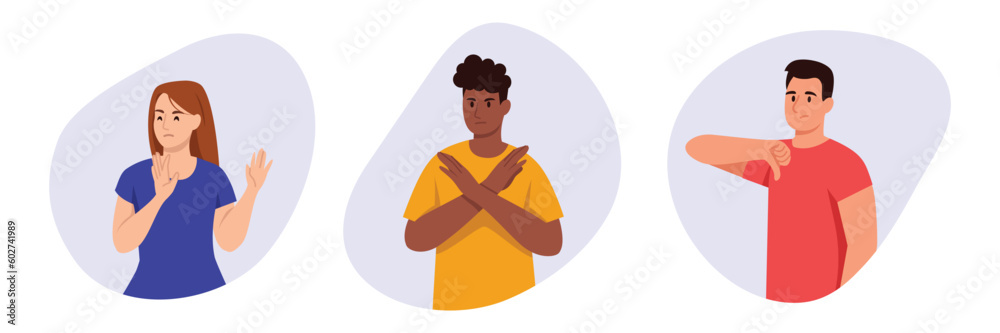 Vector illustration of different negative hand gestures. Cartoon scene ...