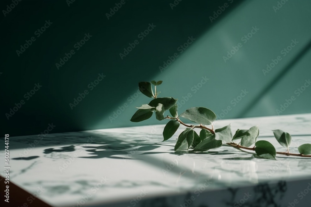 Clean White Marble Countertop with Soft Ivy Shadow against Mint Green ...