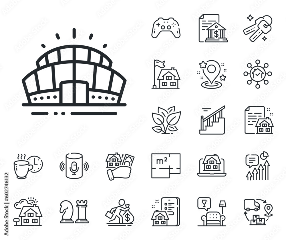 Sport complex sign. Floor plan, stairs and lounge room outline icons ...