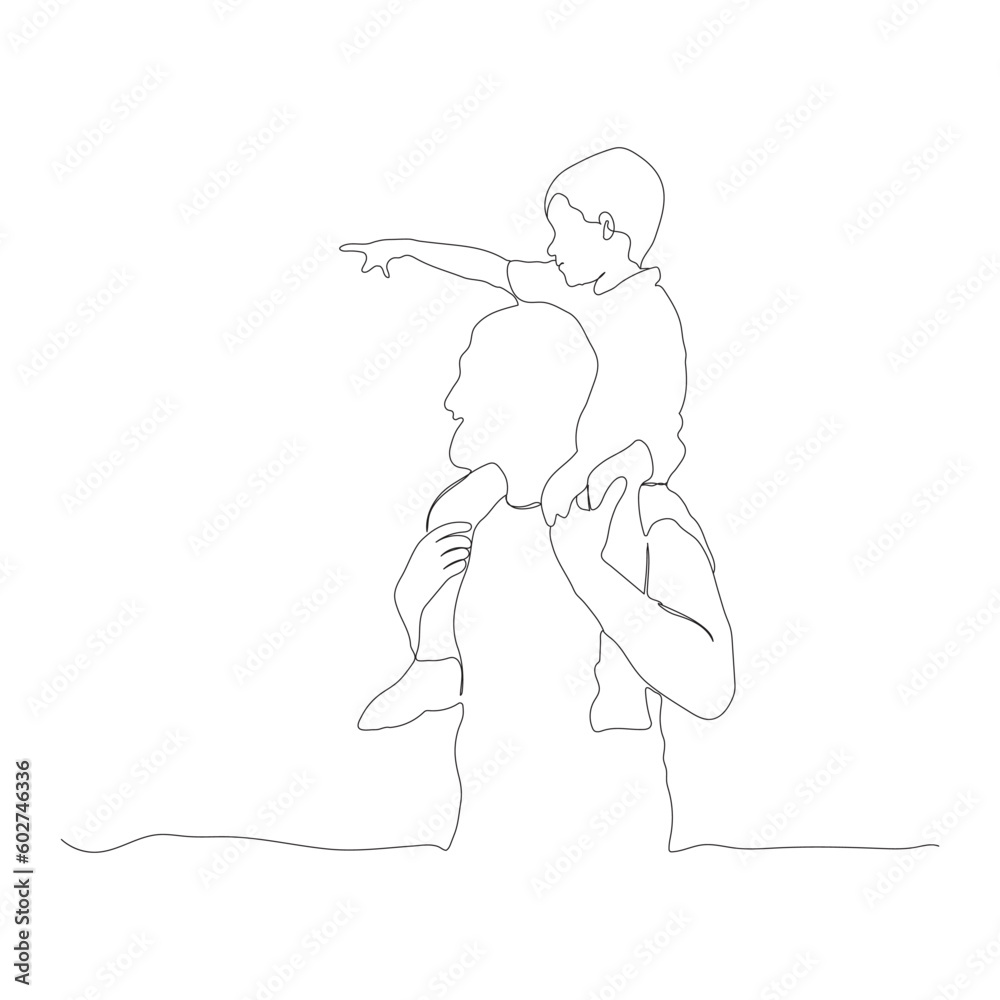 Small boy is sitting on his father's shoulder continuous line drawing ...