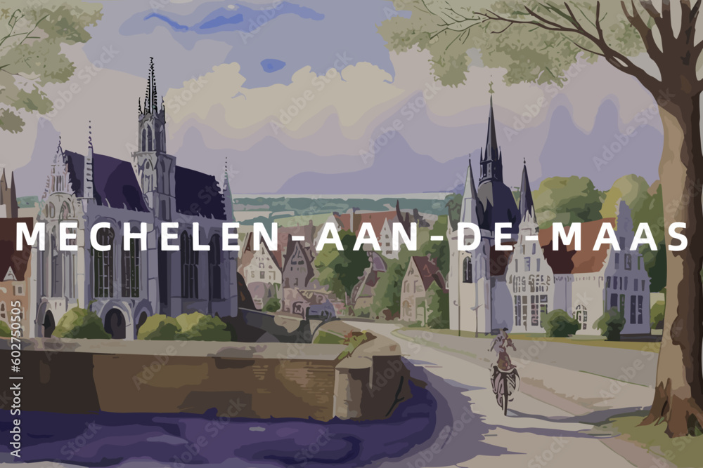 Vecteur Stock Mechelen-aan-de-Maas: Beautiful painting of an Belgian ...