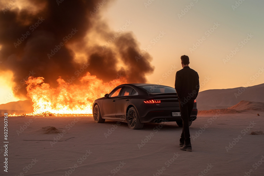 Behind the Scenes of action movie production. Car burning with smoke in ...