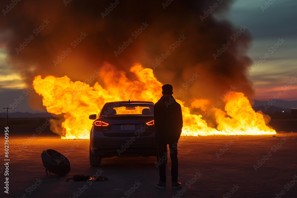 Behind the Scenes of action movie production. Car burning with smoke in ...