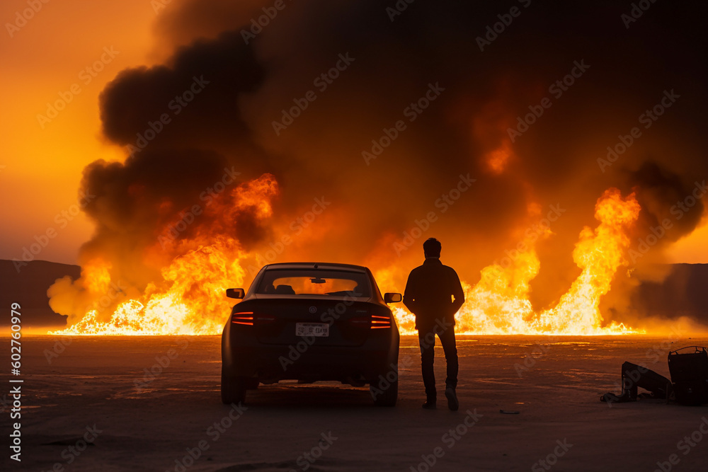 Behind the Scenes of action movie production. Car burning with smoke in ...