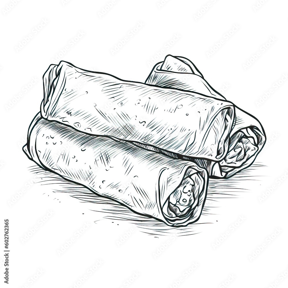 A hand-drawn sketch of savory burrito spring rolls in black and white ...
