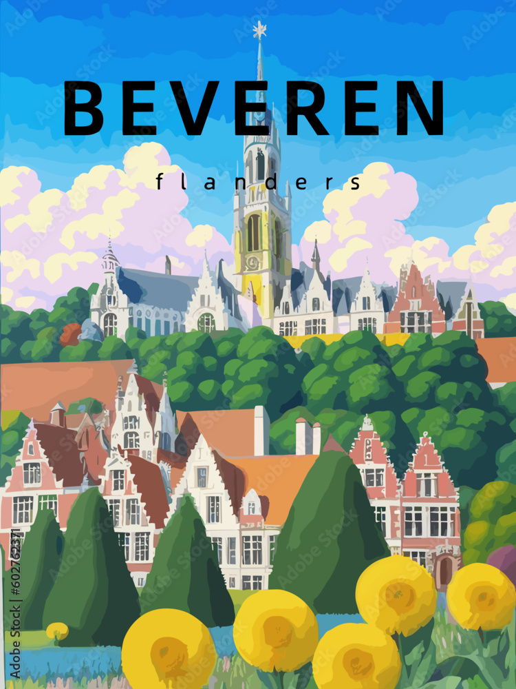 Beveren: Retro tourism poster with an Belgian landscape and the ...