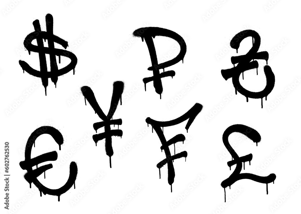 Currency icons set. Black spray graffiti symbols of currency with ...