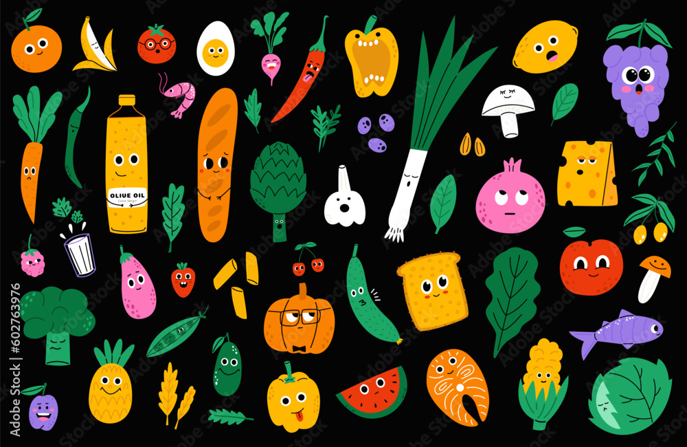 Cartoon food characters big collection Stock Vector | Adobe Stock