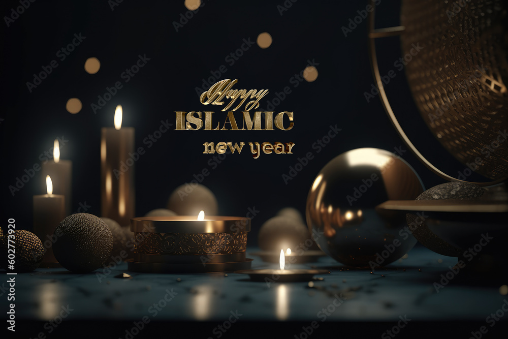 Happy Islamic new year. new lunar Hijri year, with crescent, gold ...