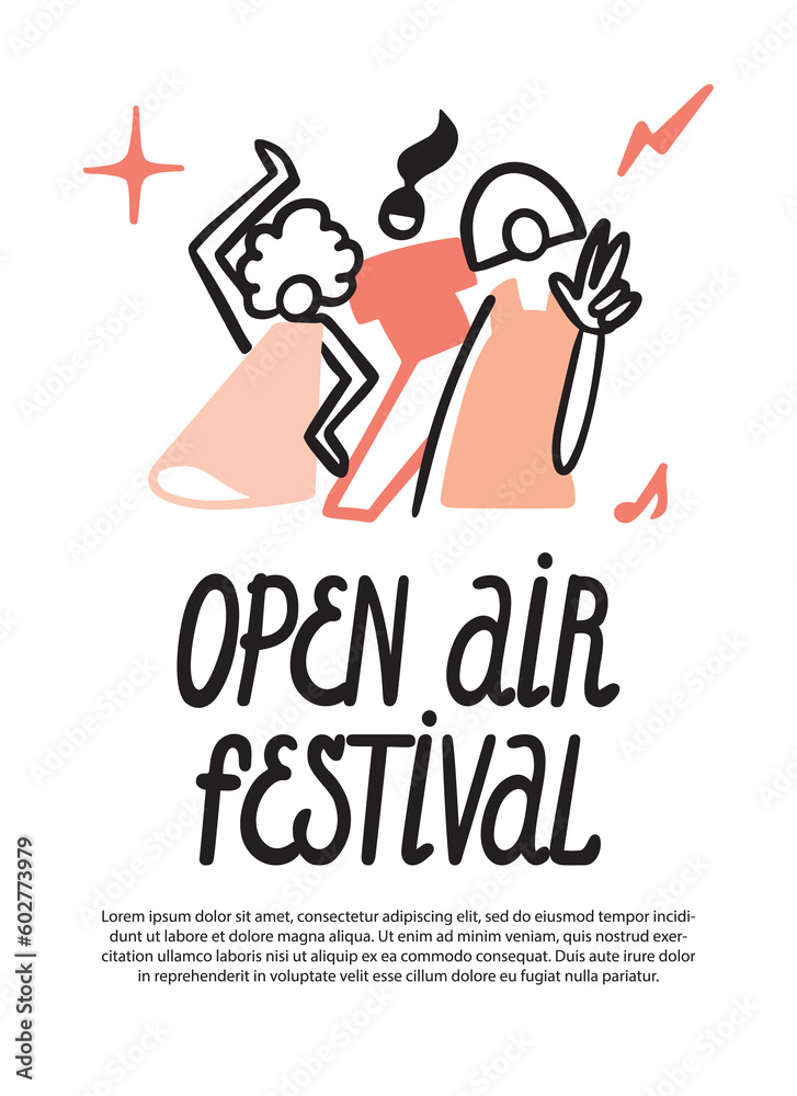 Outdoor open air festival. Group of friends, party, announcement ...
