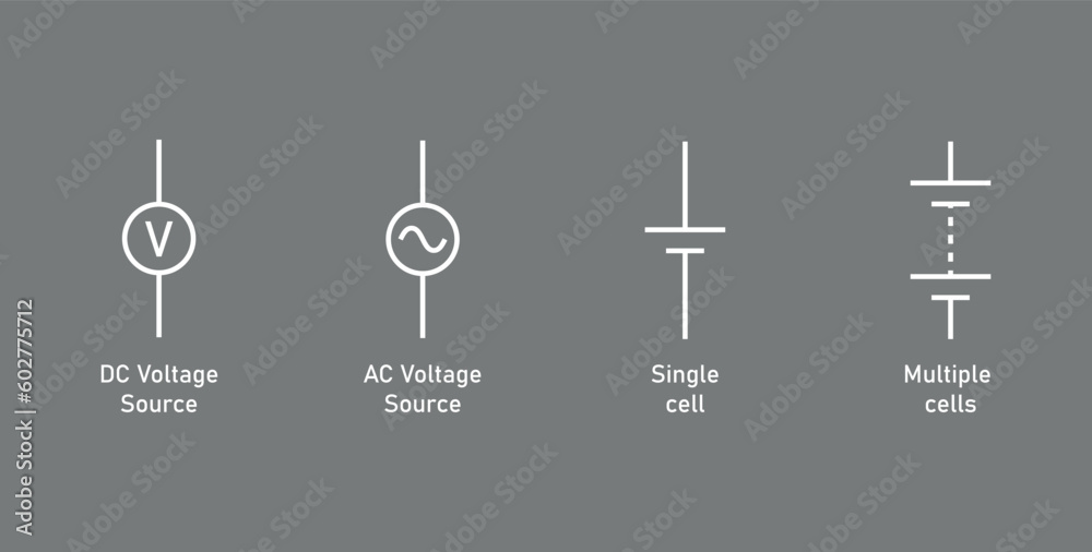 Direct current (DC) and alternating current (AC) voltage source. Single cell and multiple cell ...