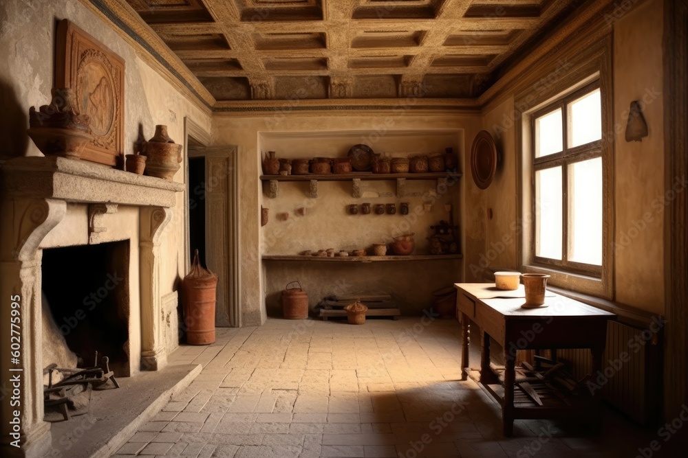Ancient Roman kitchen with a large fireplace. Generative AI Stock ...