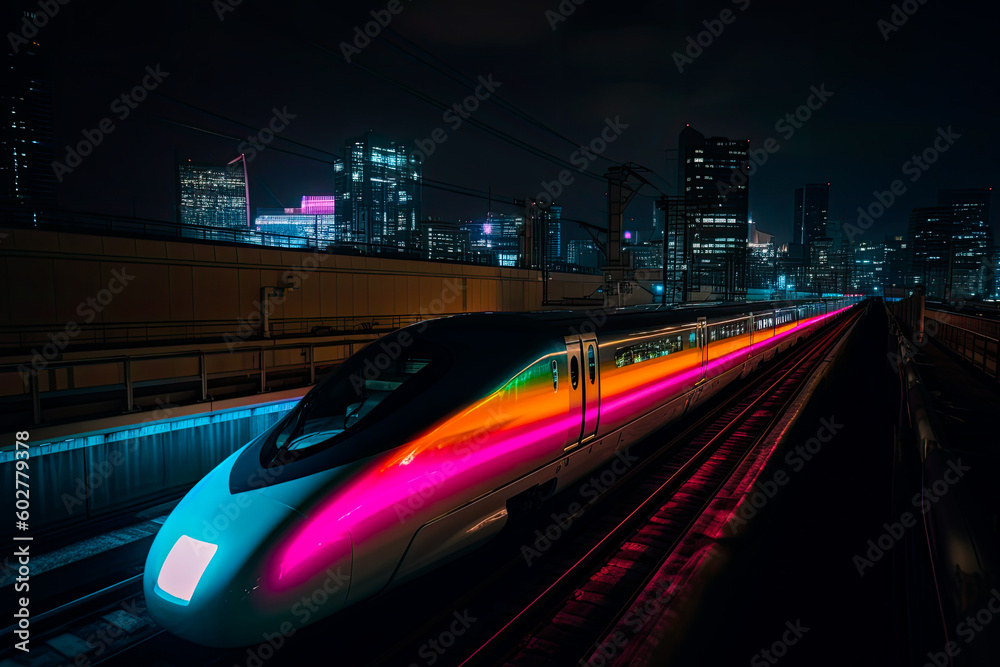 Shinkansen bullet train at night in neon colors, with city skyline in ...