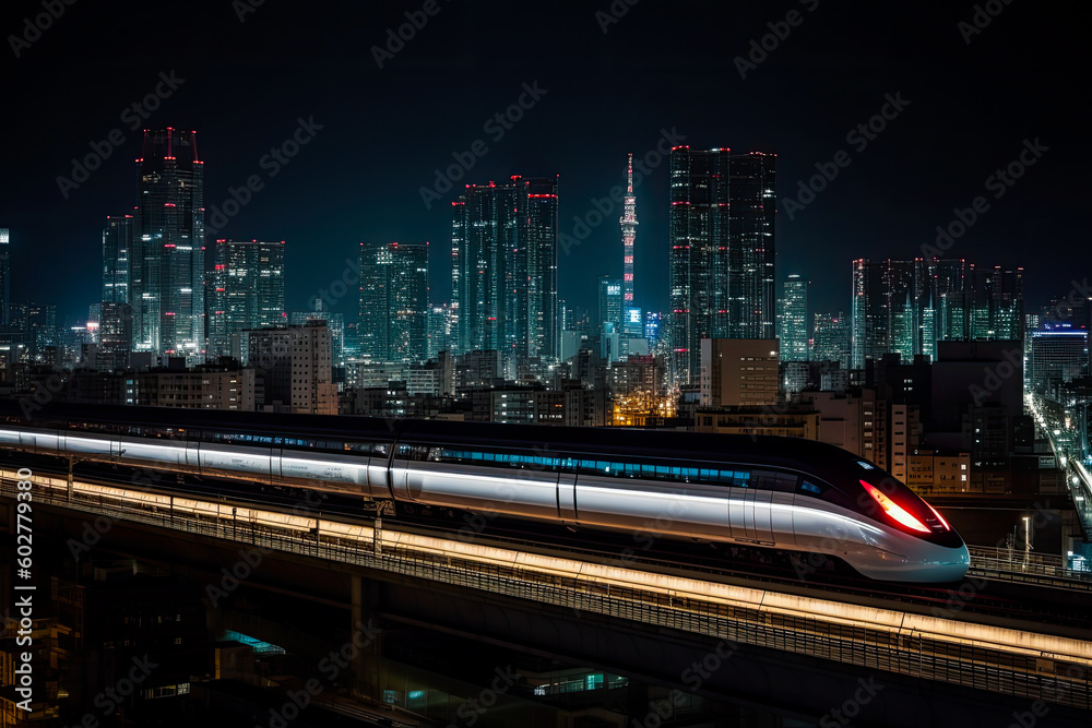 Shinkansen bullet train at night, with blurred city skyline in the ...
