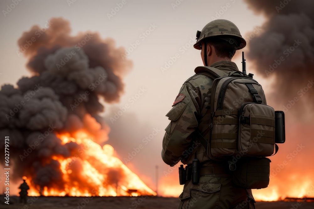 A soldier with a gun and a backpack stands in front of a burning house ...