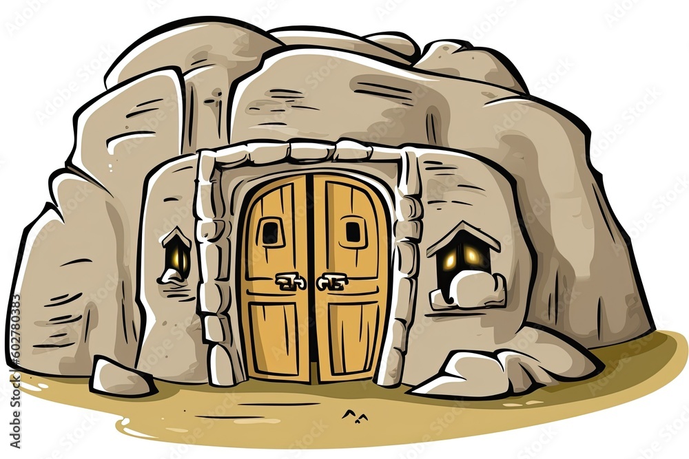 cartoon cave entrance with a wooden door and rocks Generative AI Stock ...