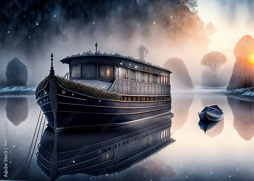 Fantasy houseboat on the river at night in the fog. generative ai ...