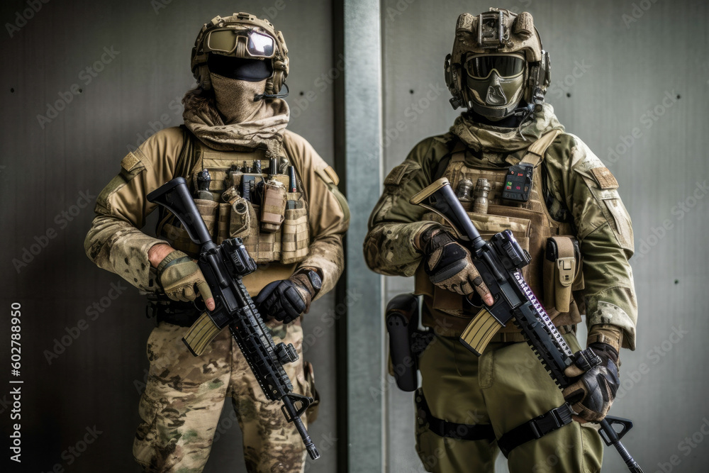 Two soldiers posing.These soldiers are heavily armed and equipped ...
