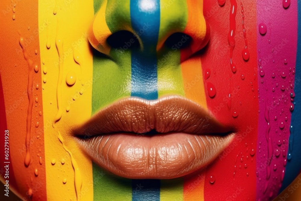 A surreal image of a person's face made up of colorful pride flags ...