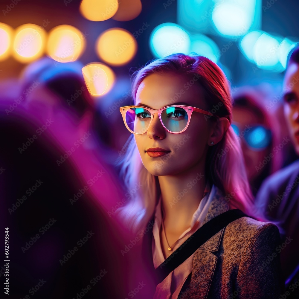Radiant Vision: Woman in Prescription Glasses Sparkles Among Neon Bokeh ...