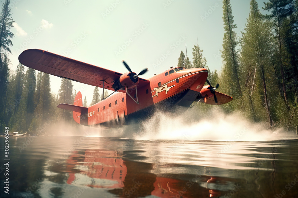 AI generated illustration of red water bomber floating with splashes on ...