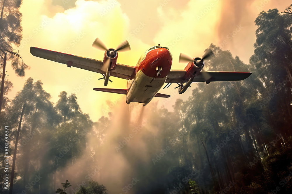 From below of airplane dropping water in forest against cloudy sky ...